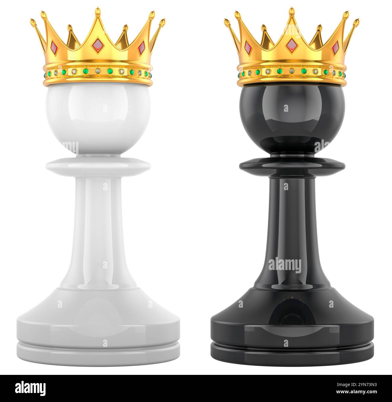 Chess pawns with golden crowns. 3D rendering isolated on white ...