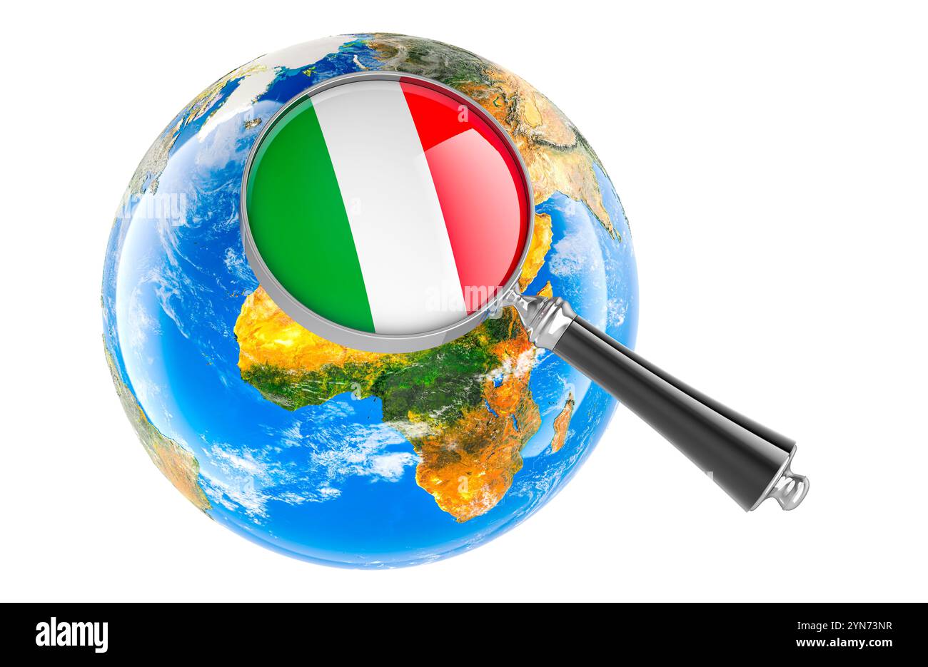Italian flag under magnifying glass with Earth Globe, 3D rendering ...