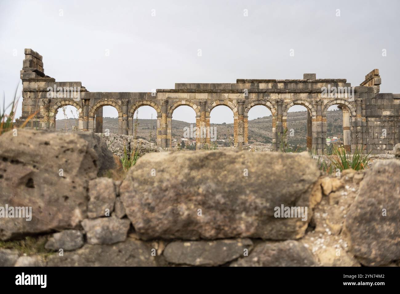 Iconic ruins of the forum in Volubilis, an old ancient Roman city in Morocco, North Africa Stock ...