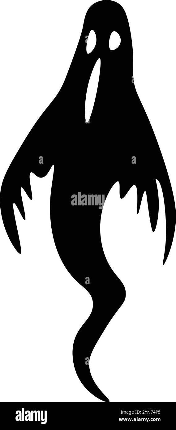 Black silhouette of a spooky ghost floating with an open mouth, waving ...