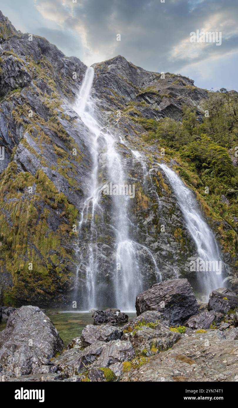 Earland Falls at the famous Routeburn Track, Fiordland National Park ...
