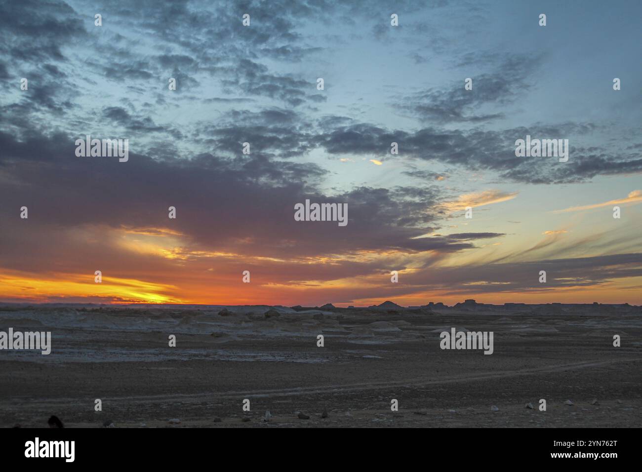 Sunset in the Libyan desert, white desert, limestone formations in the ...