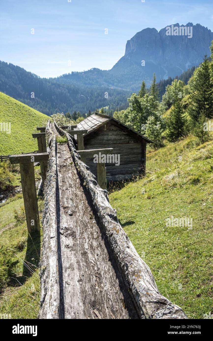 An old wooden inlet channel of a watermill in Val di Morins, the ...