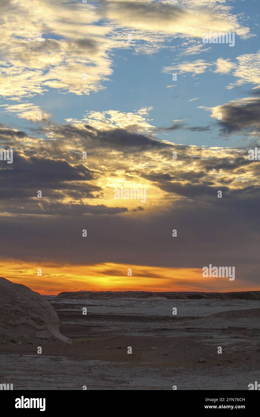Sunset in the Libyan desert, white desert, limestone formations in the ...
