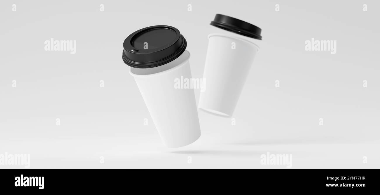 Two Minimalist White Blank Paper Coffee Cup with open lid floating ...