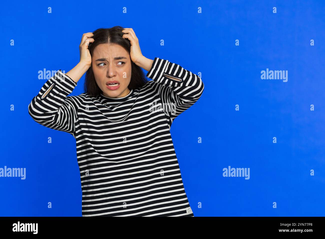 Scared stressed Caucasian woman terrified about danger problems ...