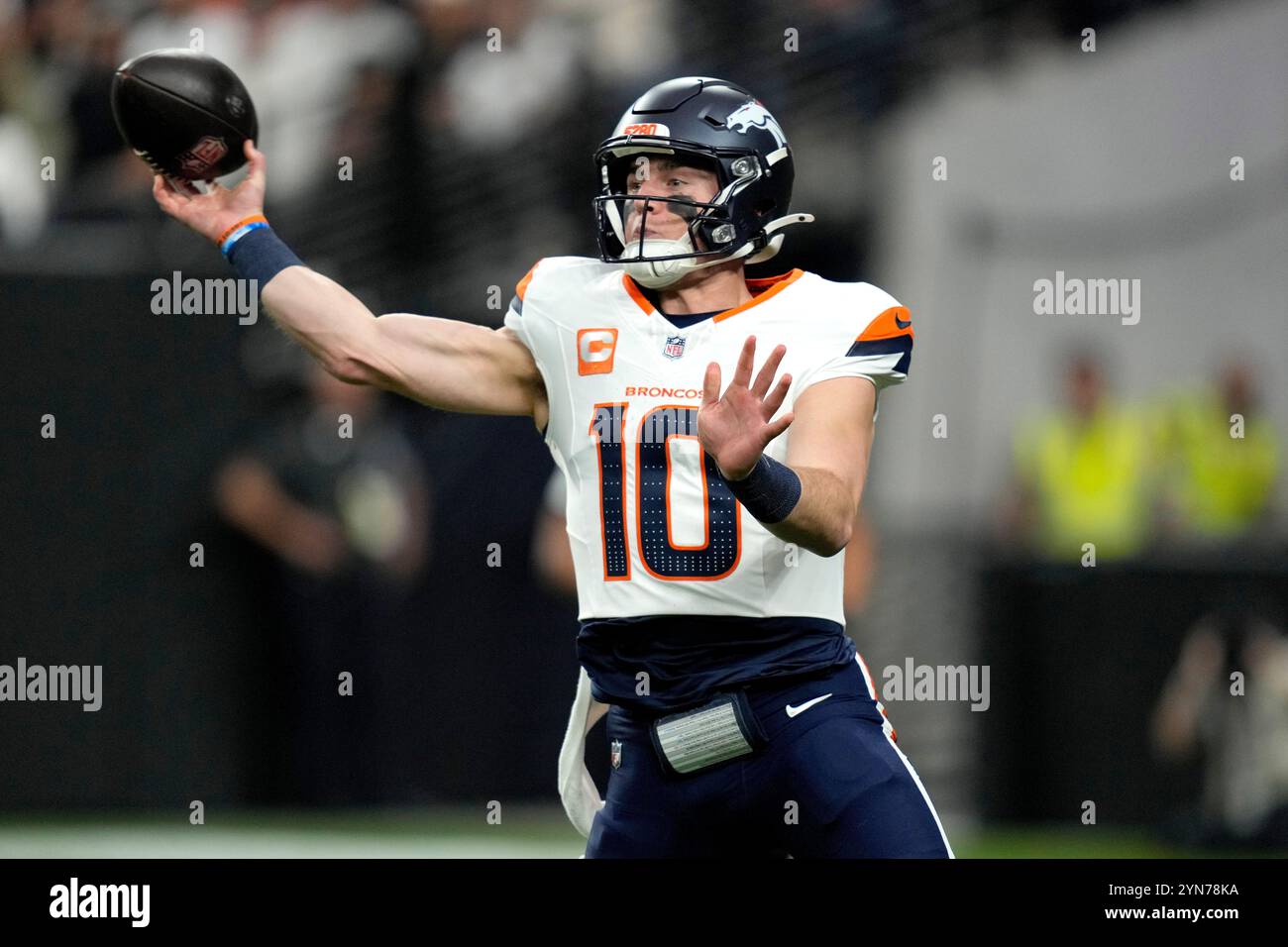 Denver Broncos quarterback Bo Nix (10) throws against the Las Vegas ...