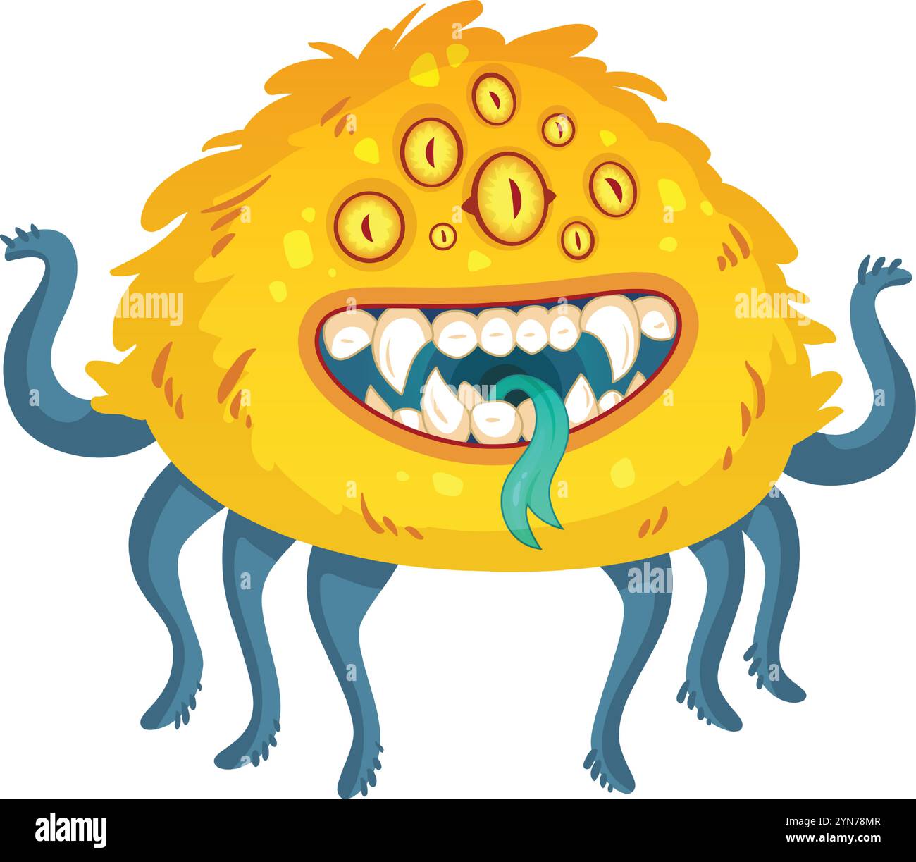 Funny hairy cartoon monster with multiple eyes, sharp teeth and long ...