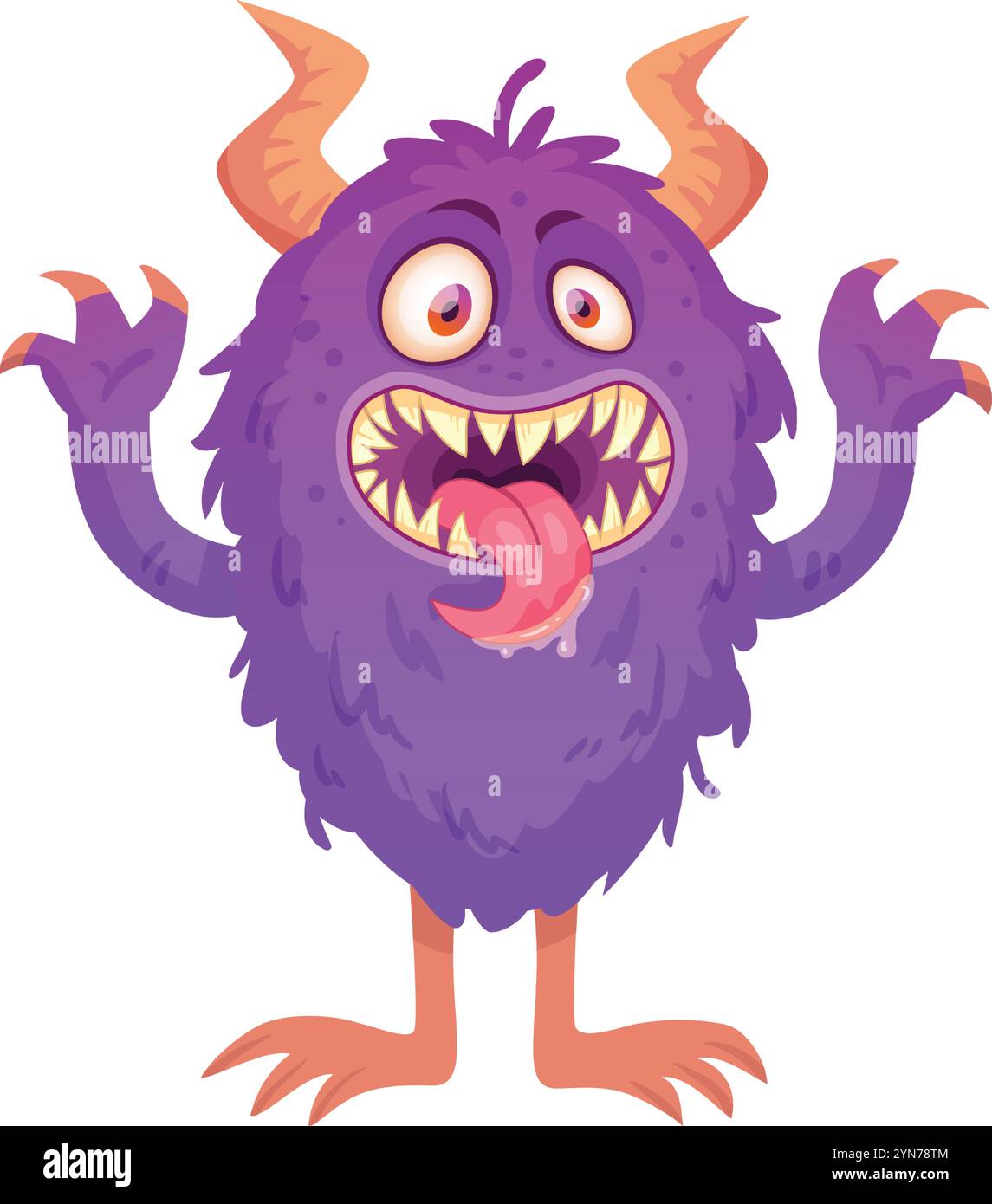 Funny hairy purple cartoon monster sticking its tongue out with saliva ...