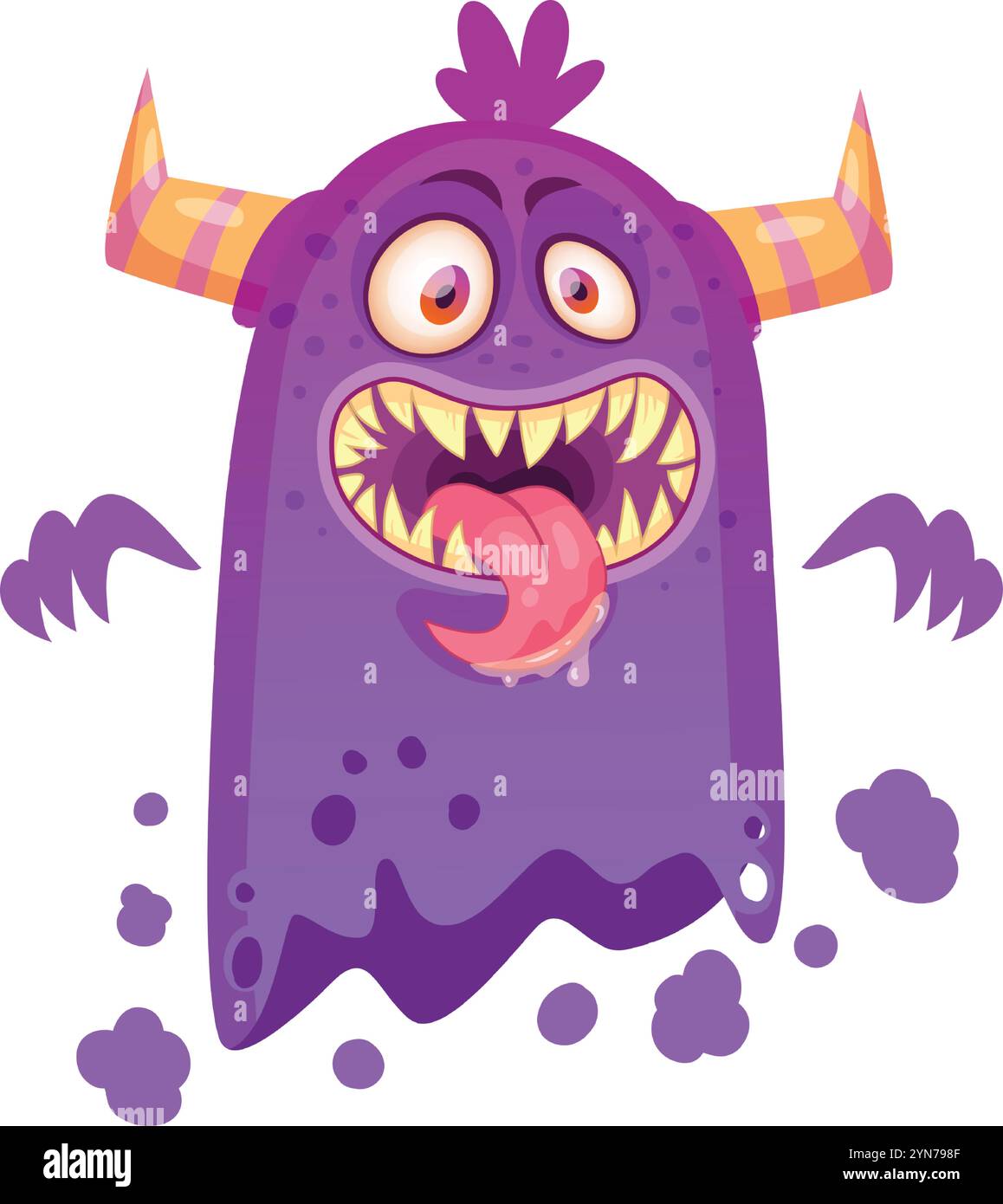 Funny purple cartoon monster sticking its tongue out, showing sharp ...