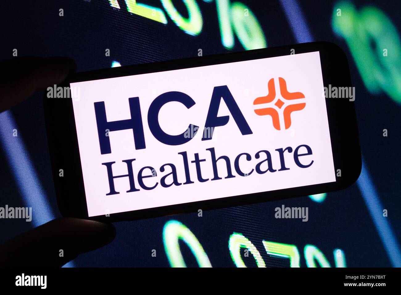 In this photo illustration, the HCA Healthcare company logo is seen ...