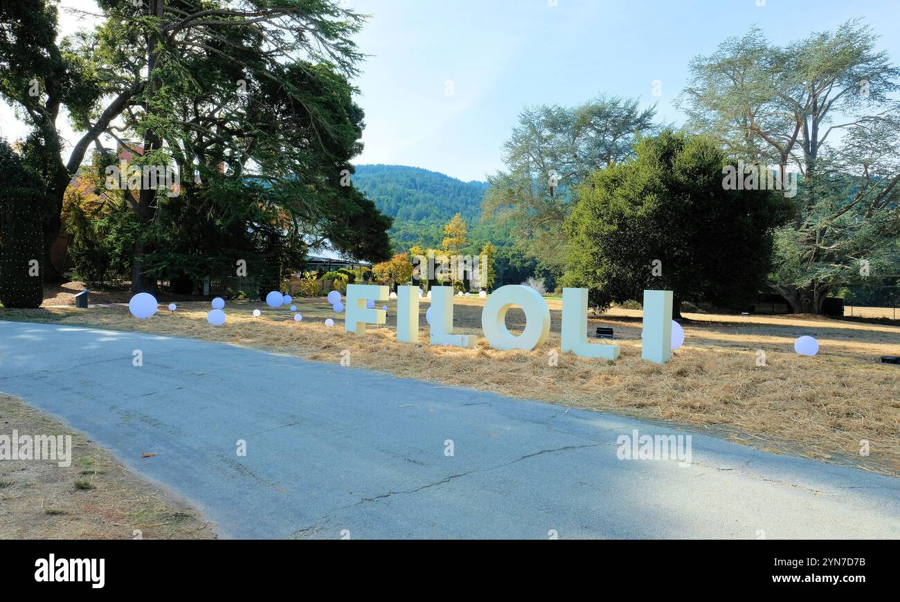 Large white block letters spelling Filoli near the entrance to Filoli ...