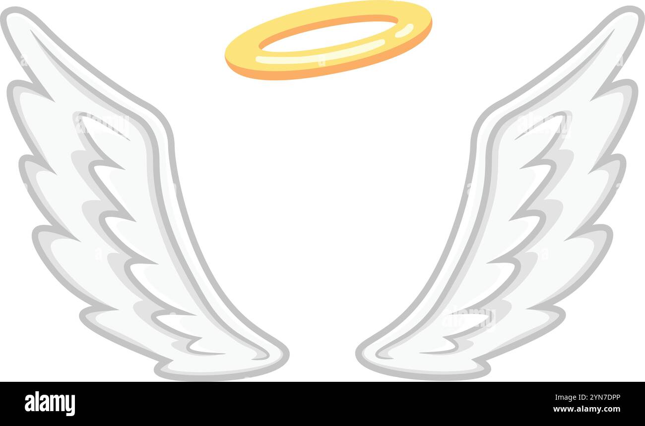 White feathered angel wings with a golden halo hovering above ...