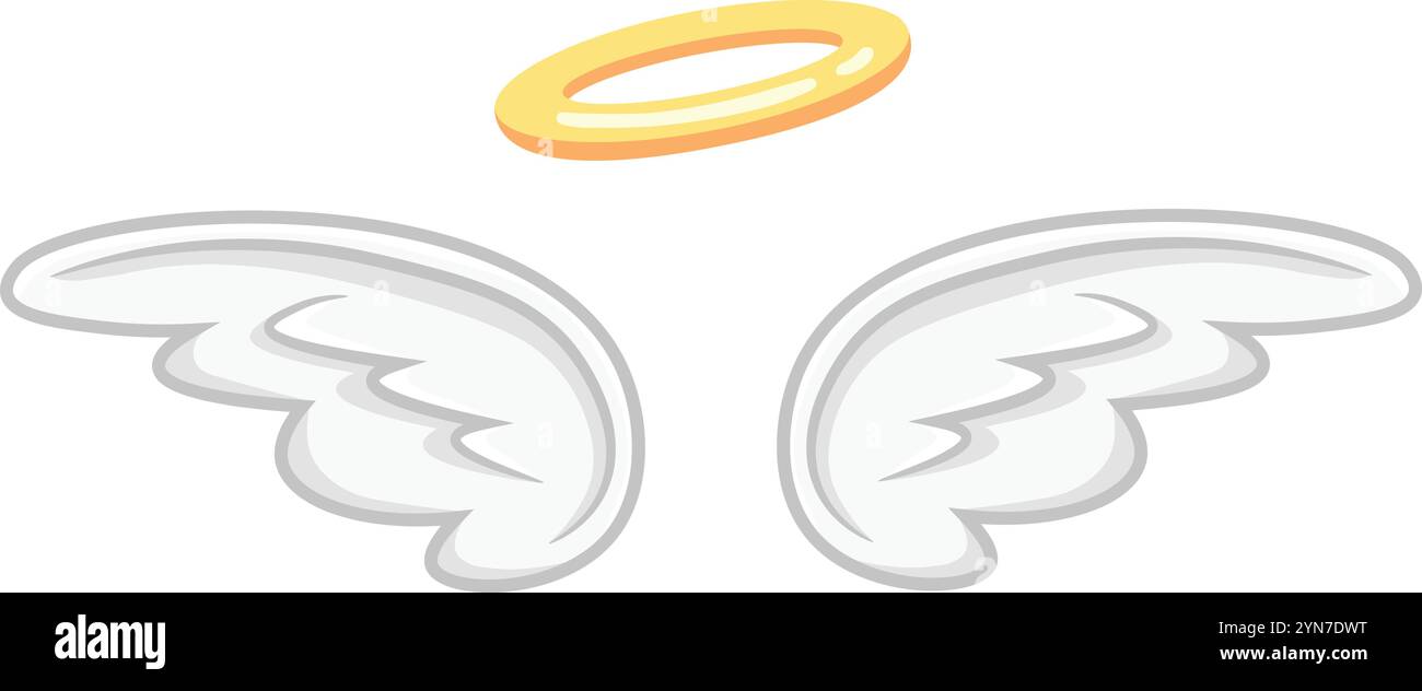 Cartoon drawing of white feathered angel wings and golden halo floating ...