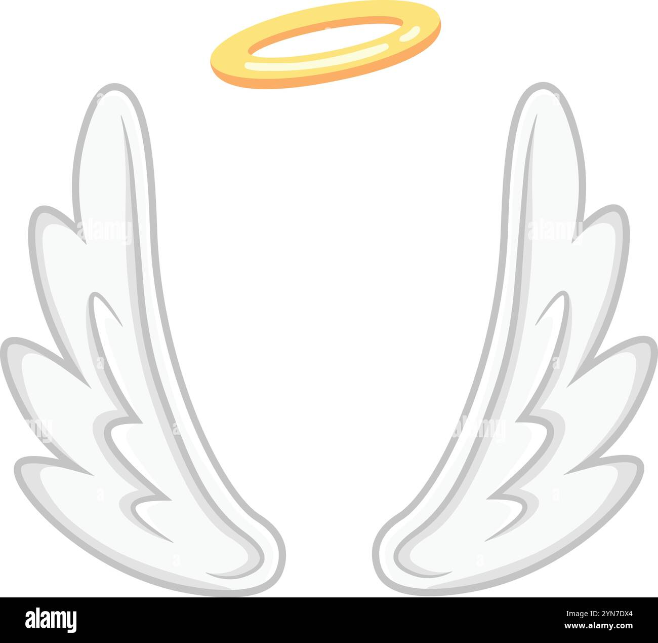 Cartoon drawing of white feathered angel wings and golden halo floating ...