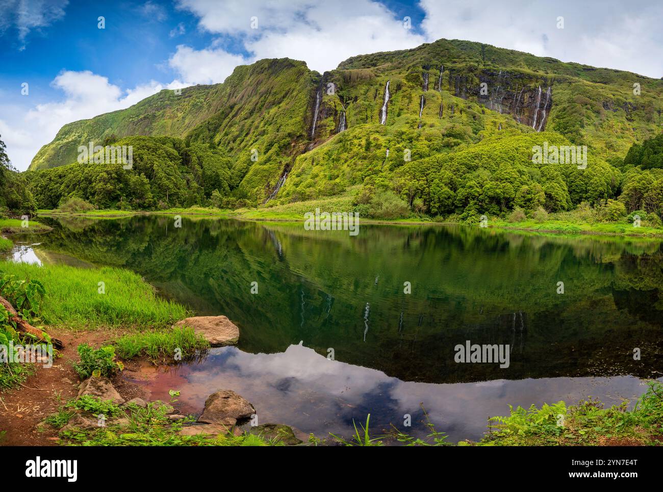 Azores scenic aerial drone landscape, Flores island. Iconic lagoon with ...