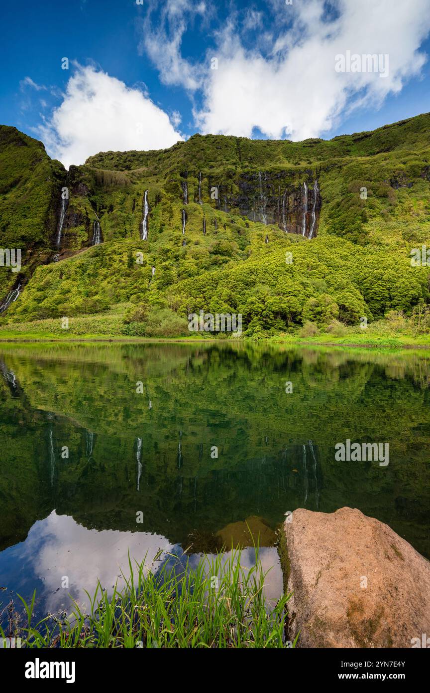 Azores scenic aerial drone landscape, Flores island. Iconic lagoon with ...