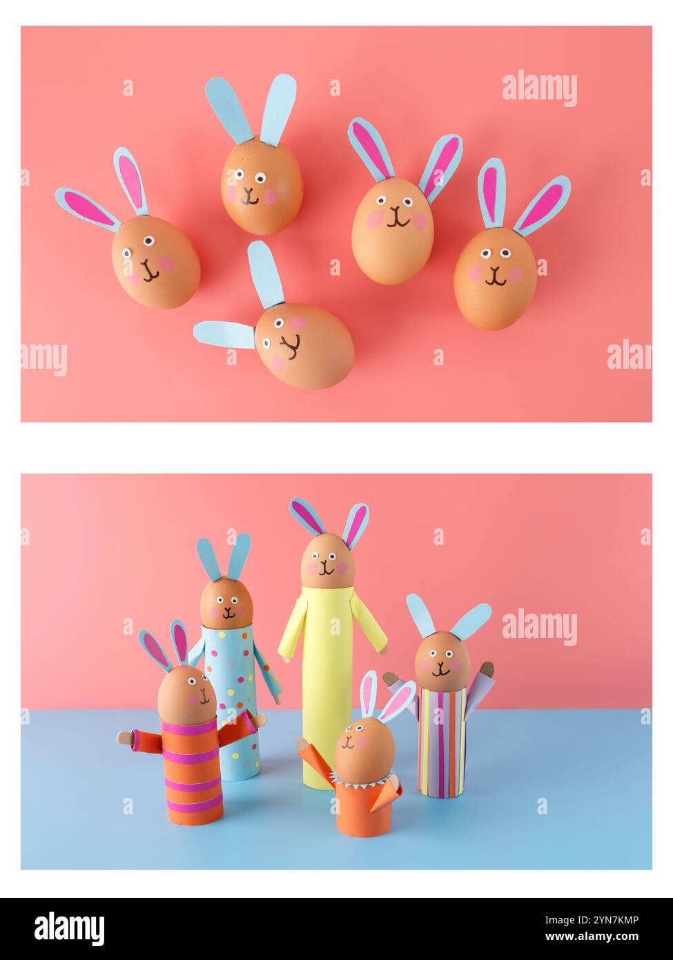Group of five cardboard tube bunny crafts with egg-shaped heads, drawn ...