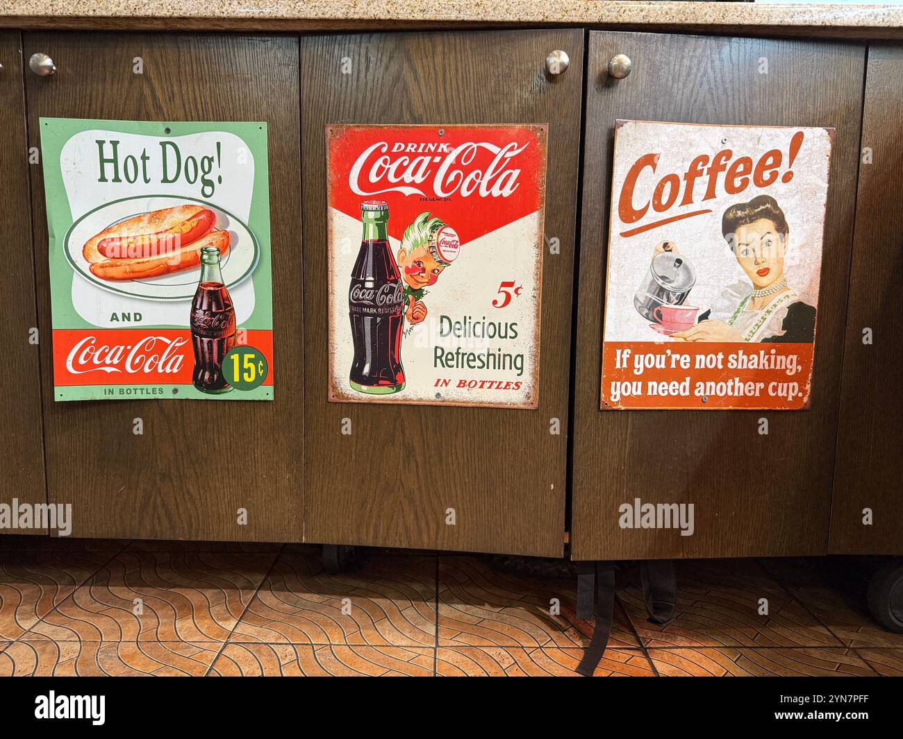 Classic Coca Cola ads at a pizzeria in Brooklyn; New York Stock Photo ...