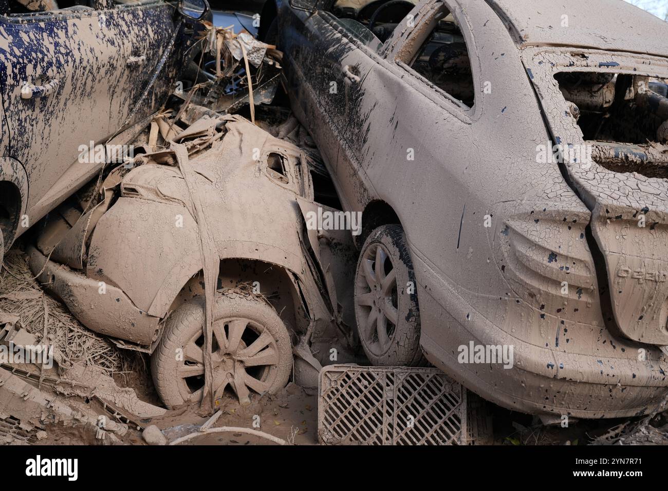 Sedaví, Spain - November 24, 2024. Damaged cars after DANA flooding are ...