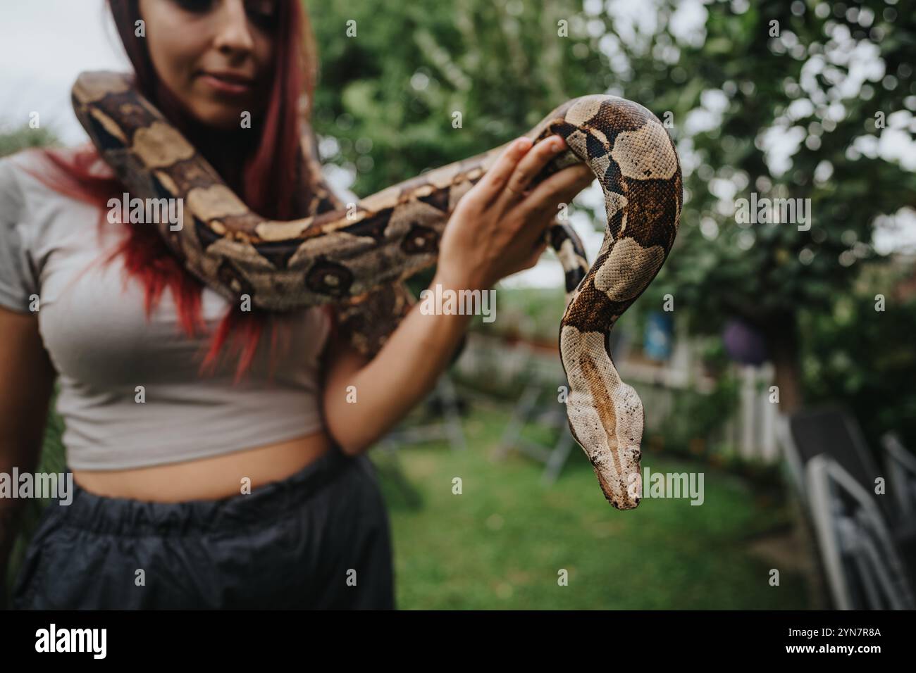 Young girl holding a large snake outdoors in a garden setting Stock ...