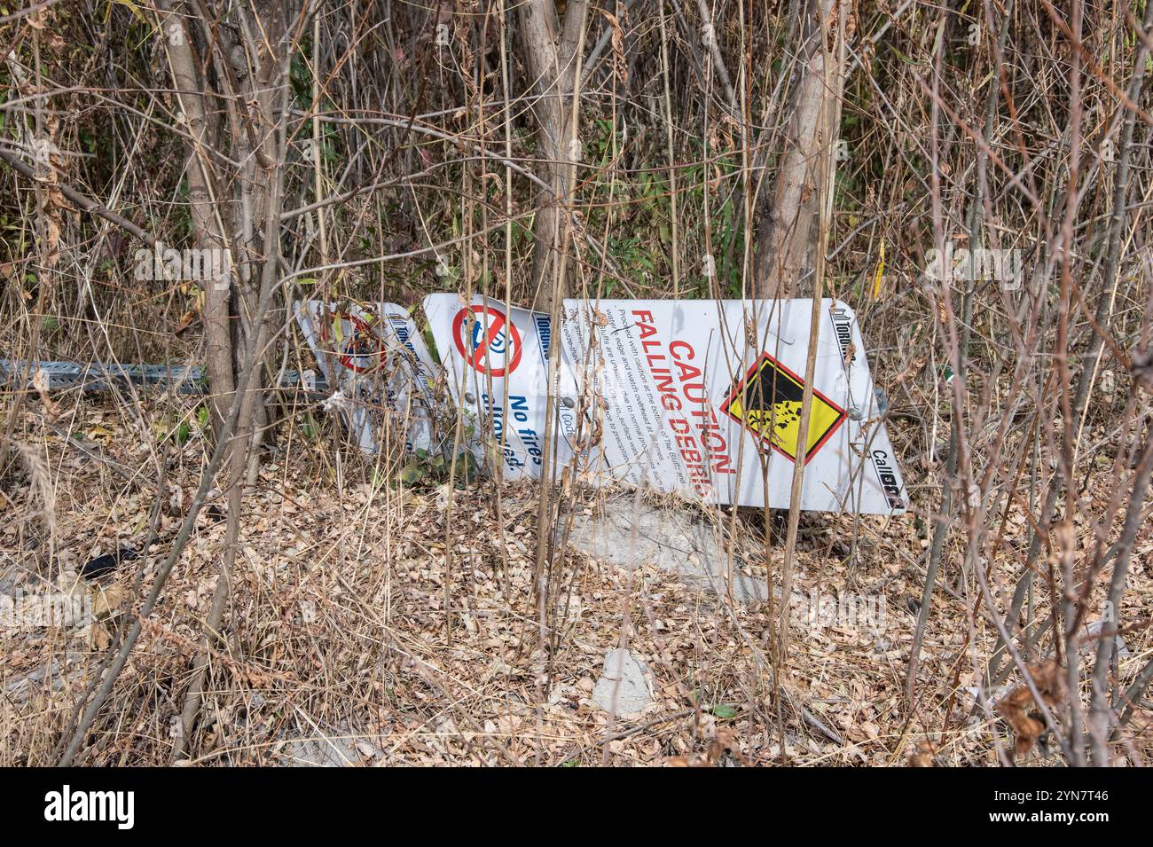 Broken caution falling debris sign on the beach at Bluffer's Park in ...
