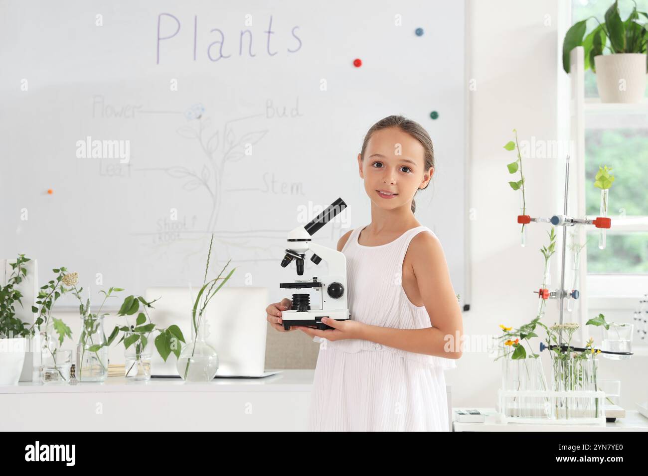 Teenage girl with microscope in Biology class Stock Photo - Alamy