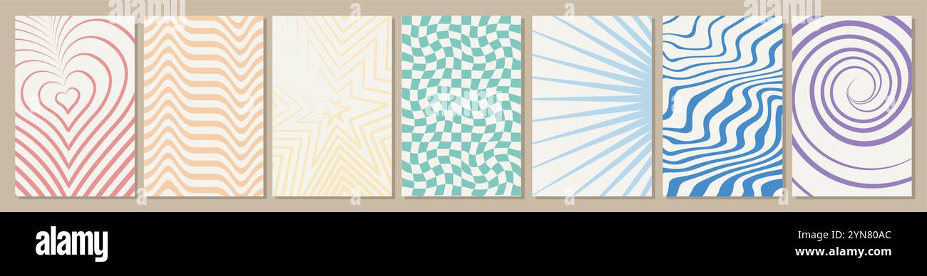 Abstract groovy backgrounds set. Green, beige, yellow and red lines ...