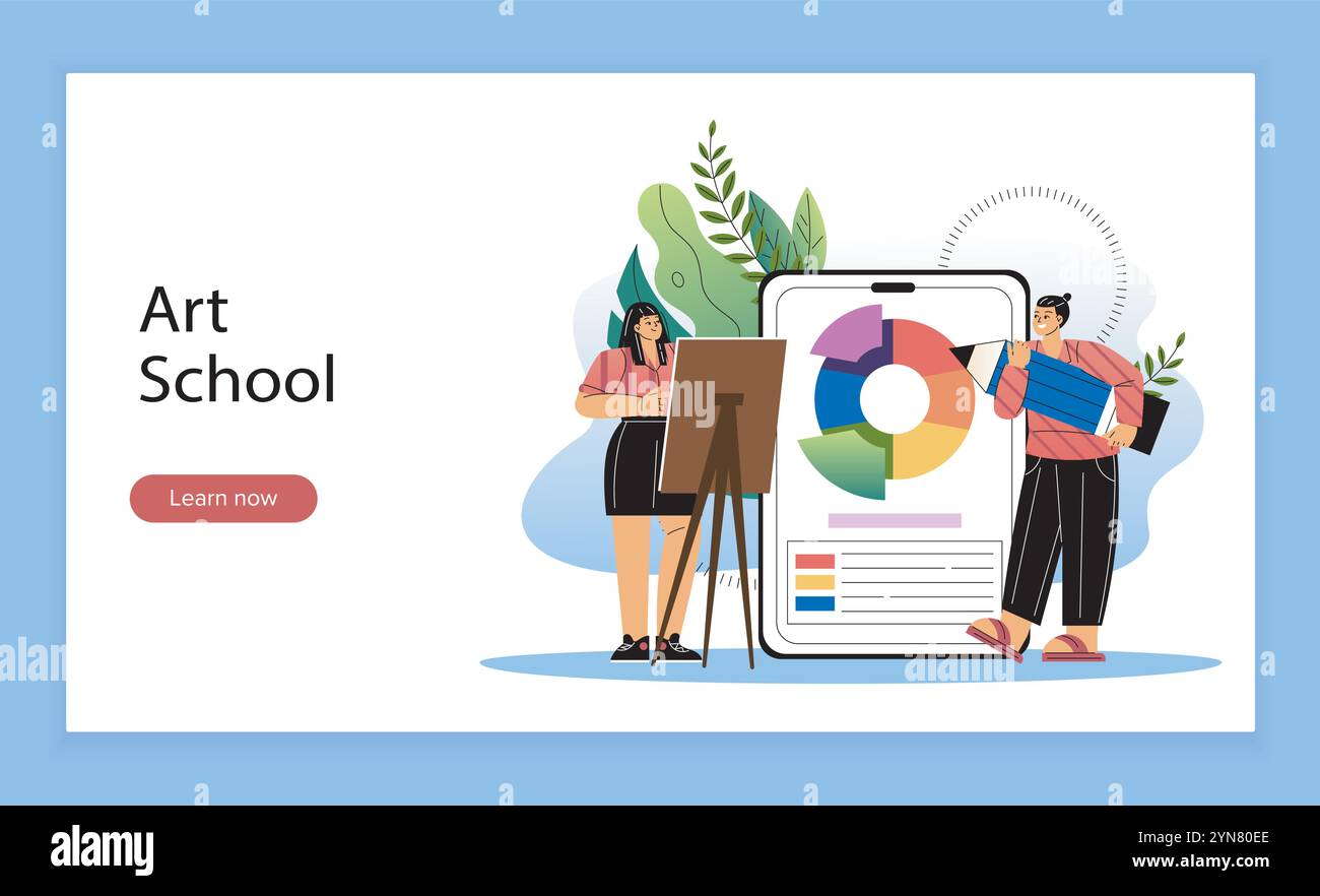 Art school banner. Man with pencil and woman with canvas. Art and ...