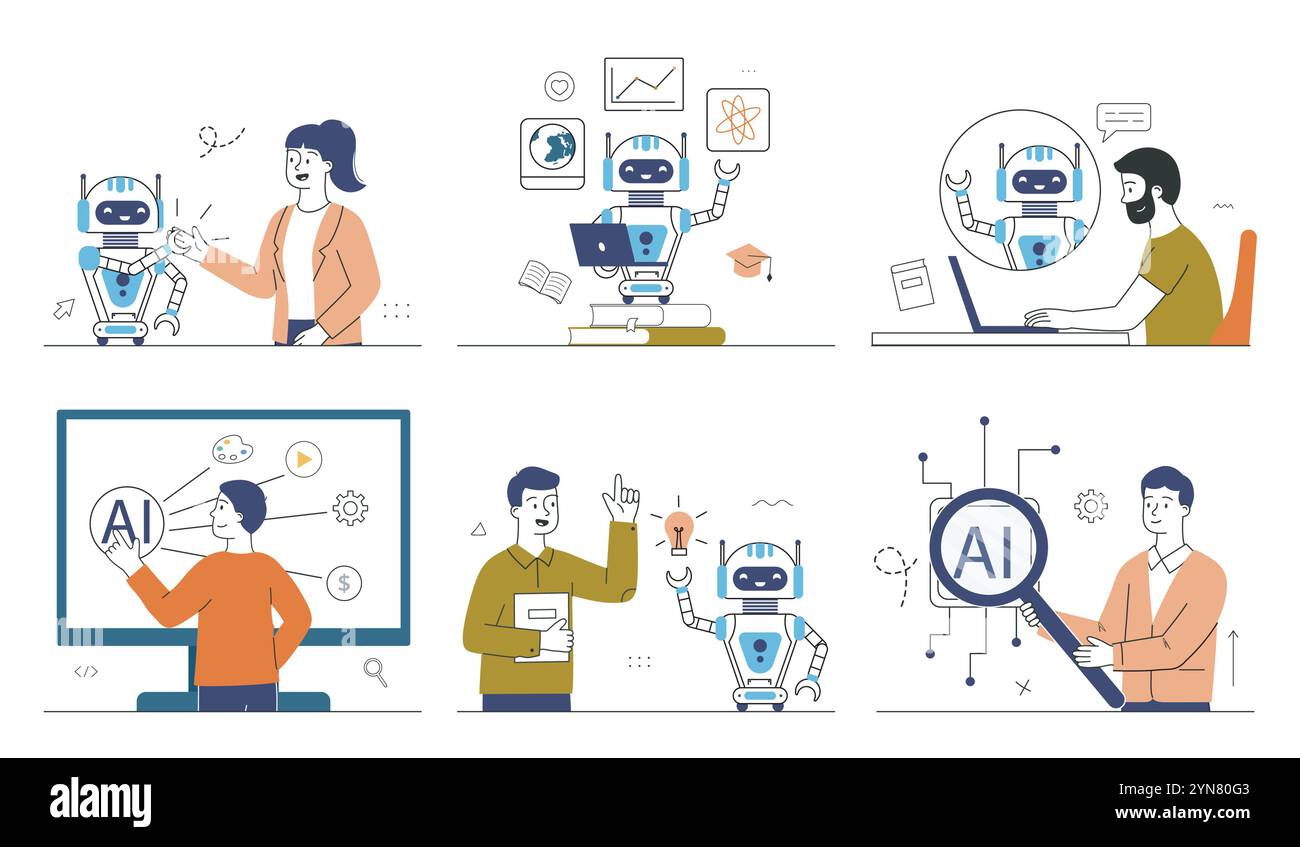 People with ai set. Men and women with bots carry out tasks. Machine learning and artificial ...