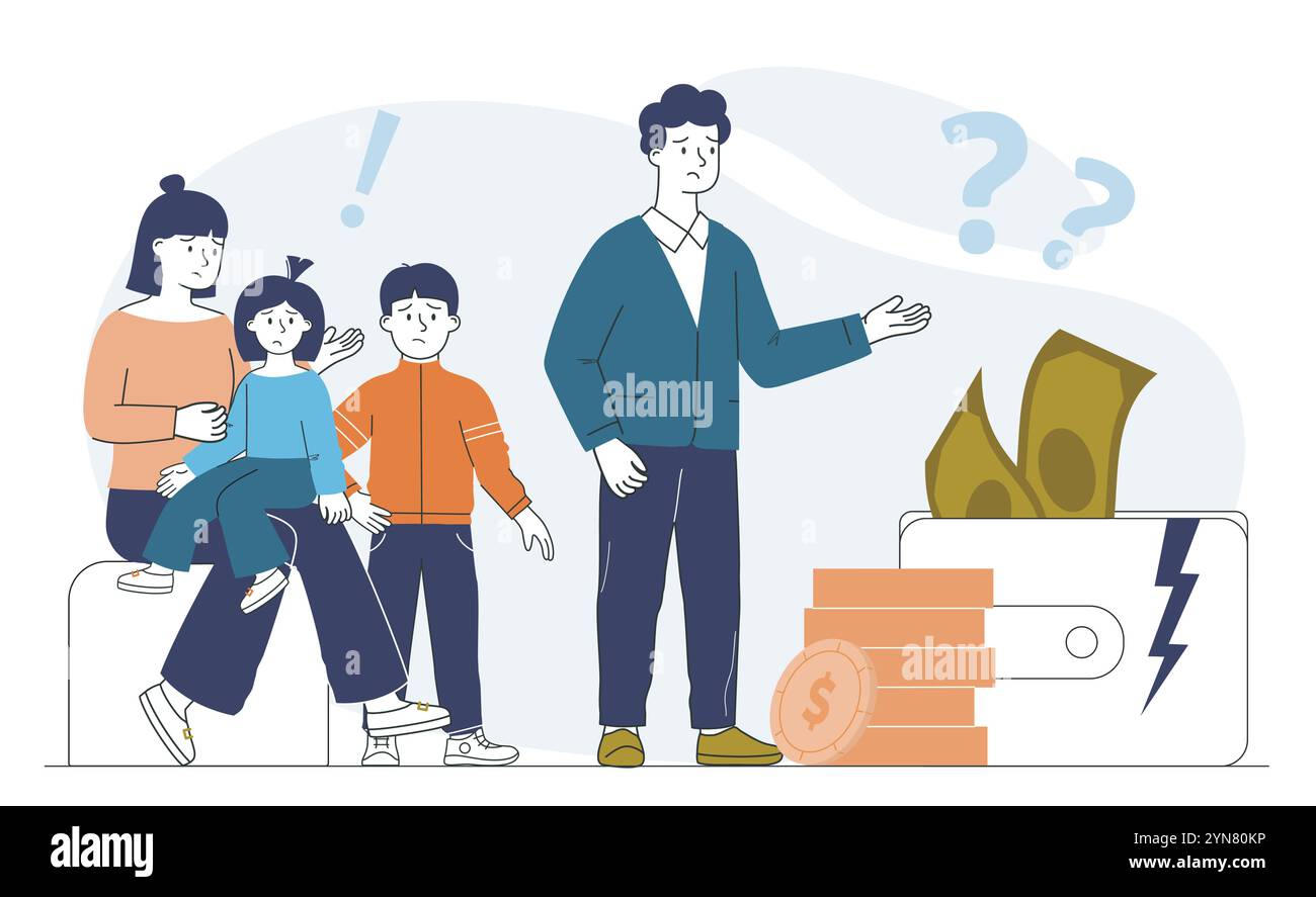 Family financial problem. Man and woman with kids near torn wallet with ...