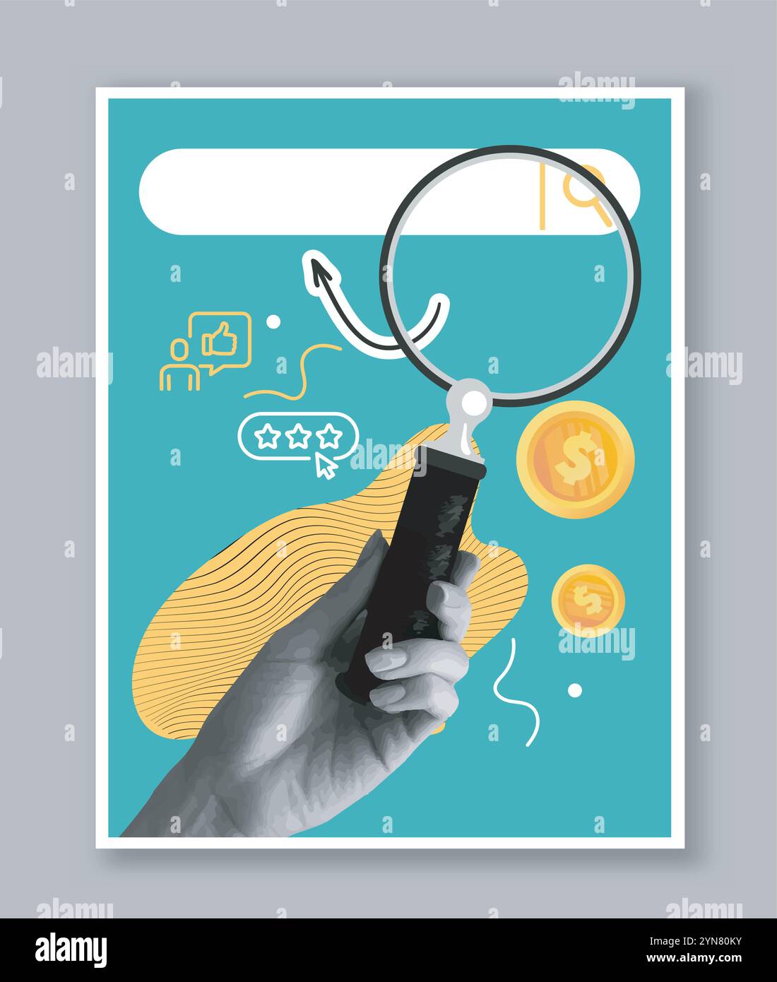 Marketing hand poster. Hand with magnifying glass with golden coins ...