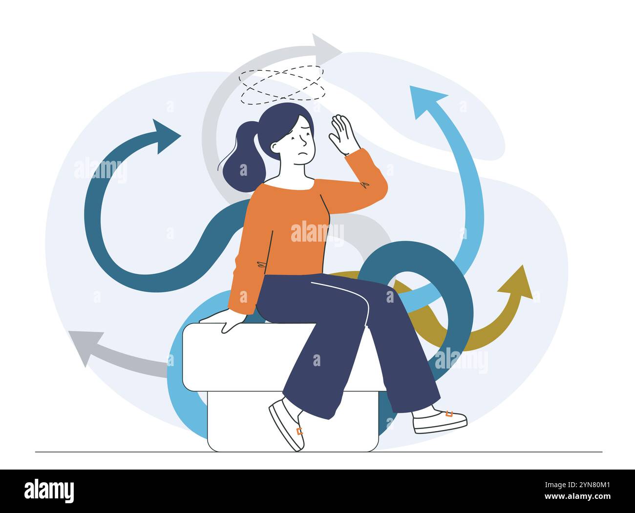 Woman with decision fatigue. Young girl makes choice and makes decision ...