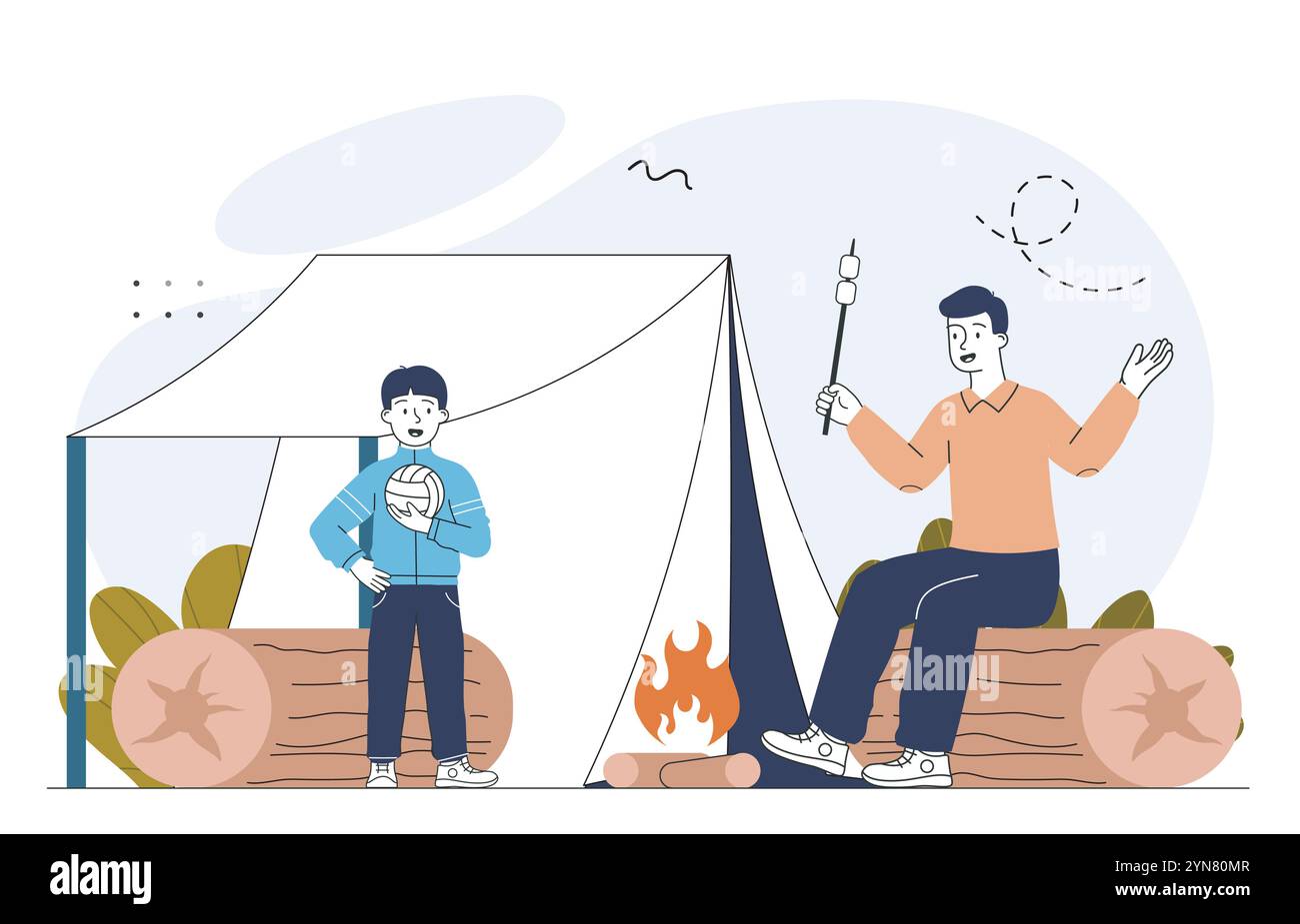 Father and son camping. Man with marshmallow and boy with ball sitting ...