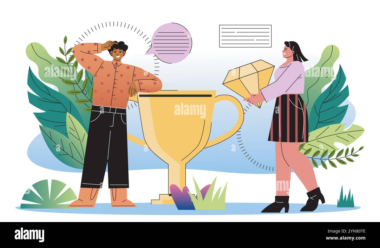 People with golden cup. Man and woman with trophy and award. Motivation ...