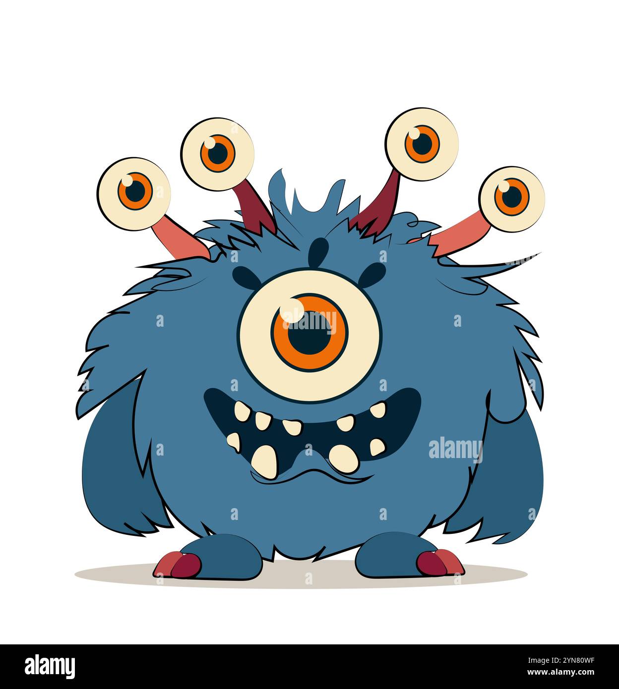 Adorable monster concept. Blue fluffy devil and demon with many eyes ...