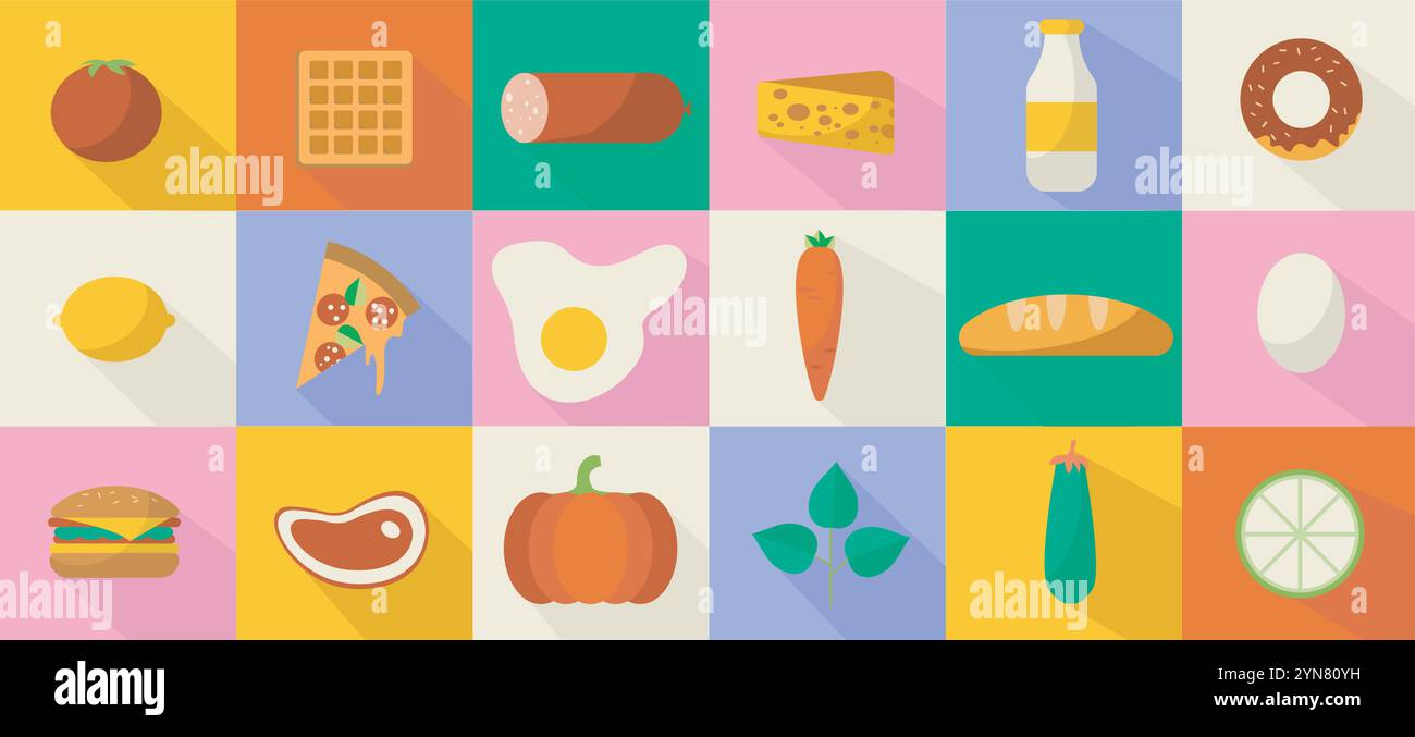 Food icons set. Meat, fruits and vegetables. Healthy lifestyle, proper ...