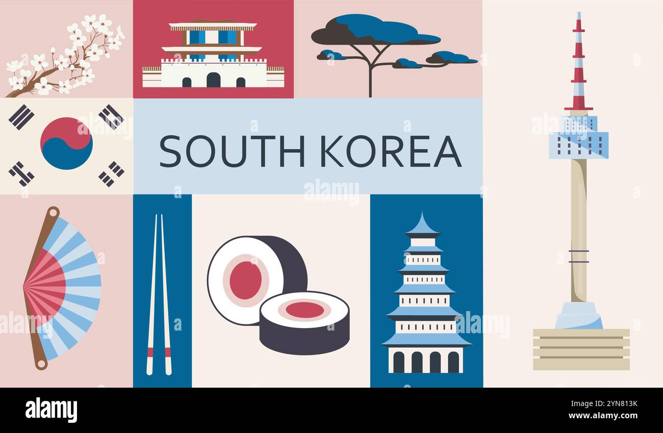 South Korea icons set. Architecture, hand fan, sushi and rolls, sakura ...