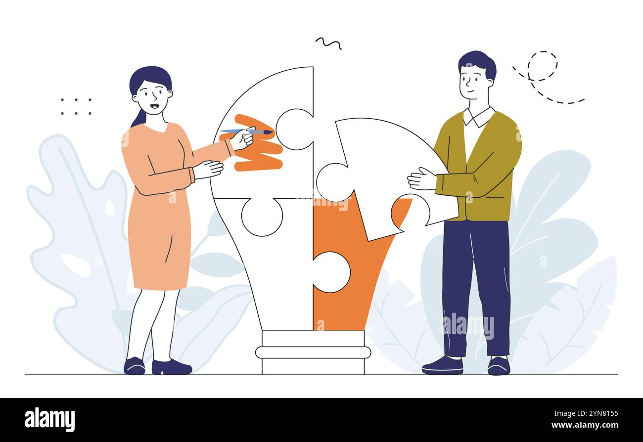 Teamwork with idea. Man and woman near puzzle light bulb. Creativity ...