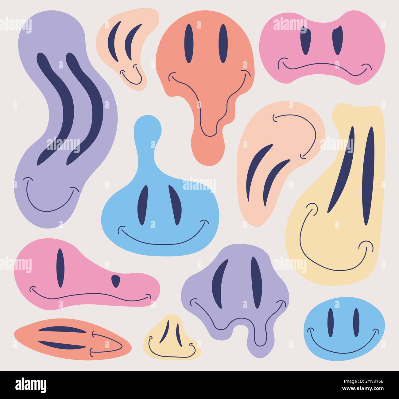 Liquid emoticons set. Hippie retro smiles. Emoji and emoticon. Back to ...