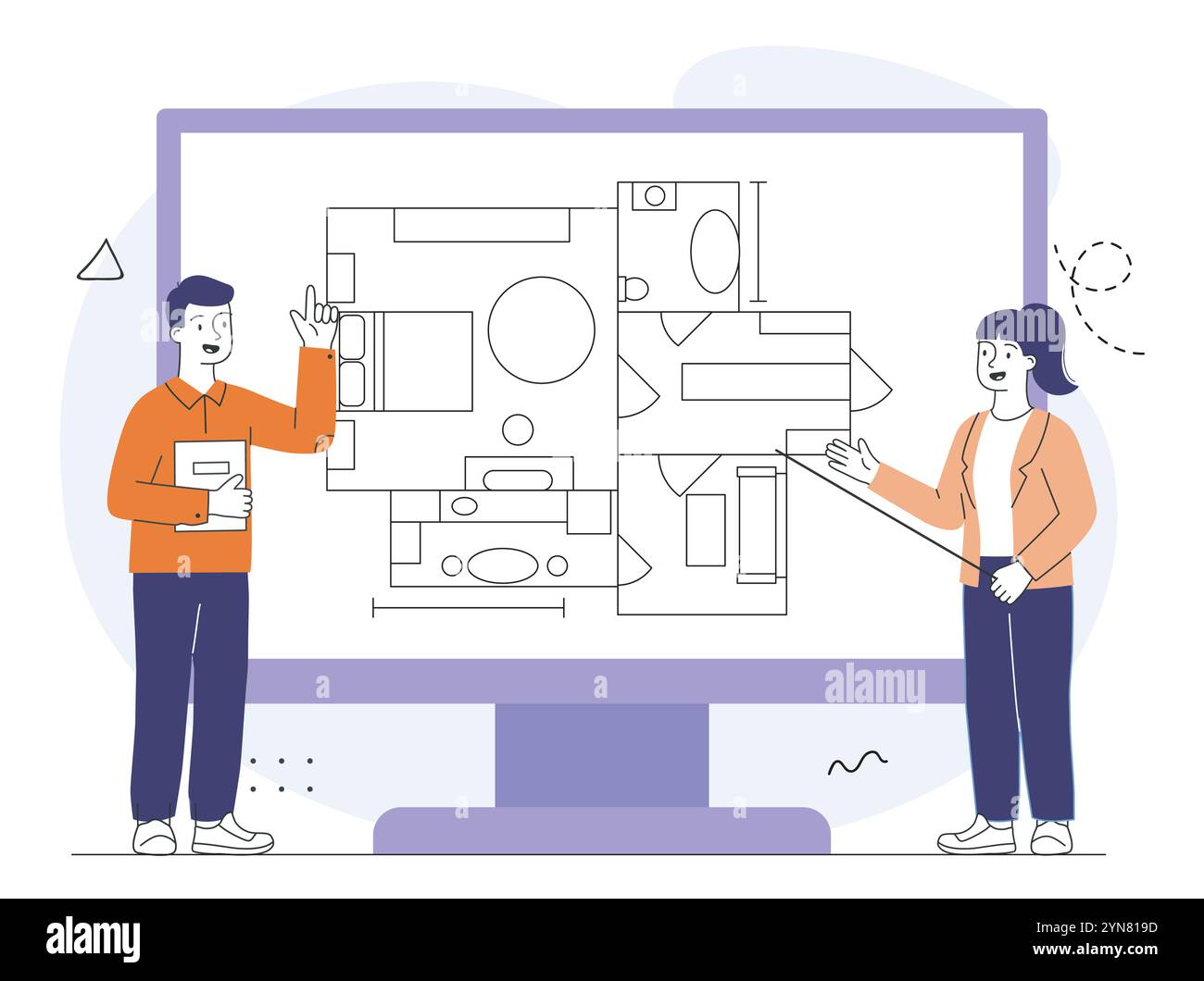 Team of interior designers. Man and woman near computer screen with ...