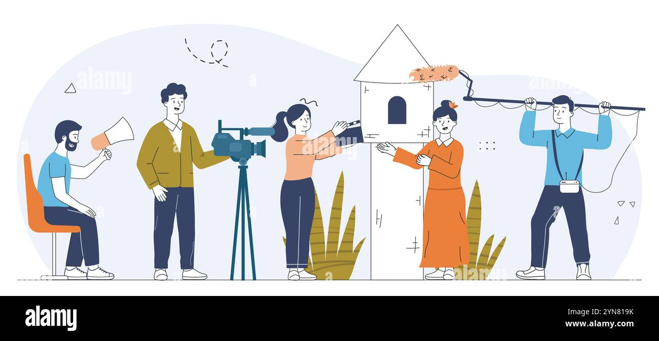 People record movies. Men with cameras and microphones near actor and ...