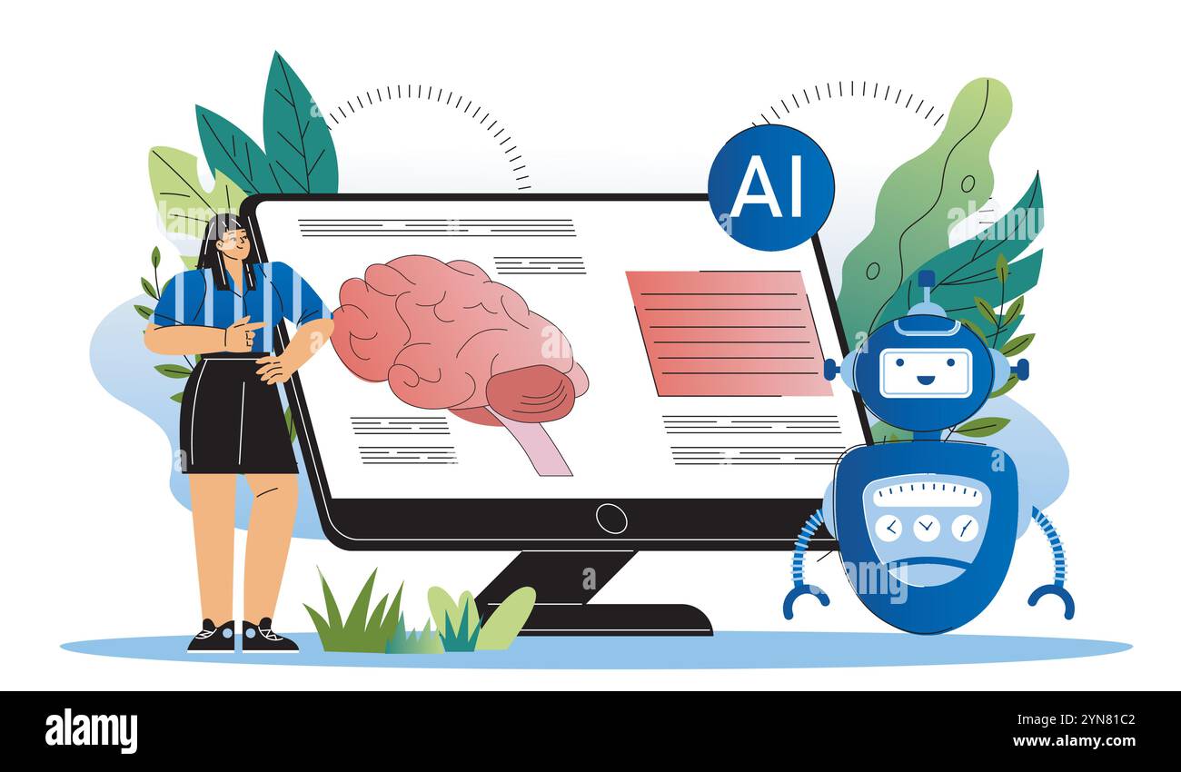 Woman with ai education. Young girl communicates with bot near computer ...