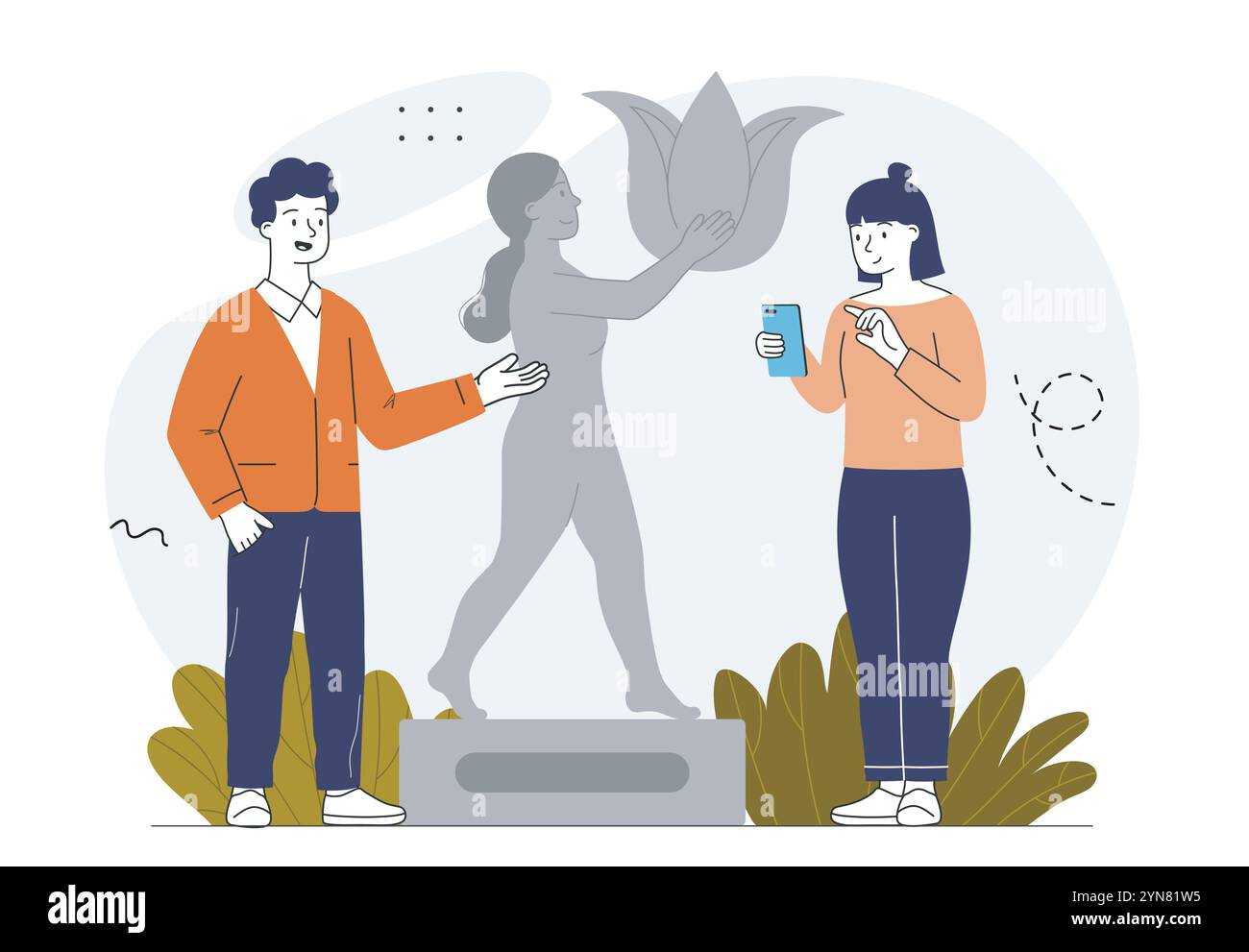 People take photos with statue. Man and woman with smartphone near ...