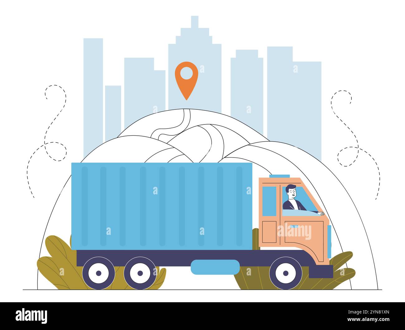 Truck path concept. Large transport with goods. Shipping and ...