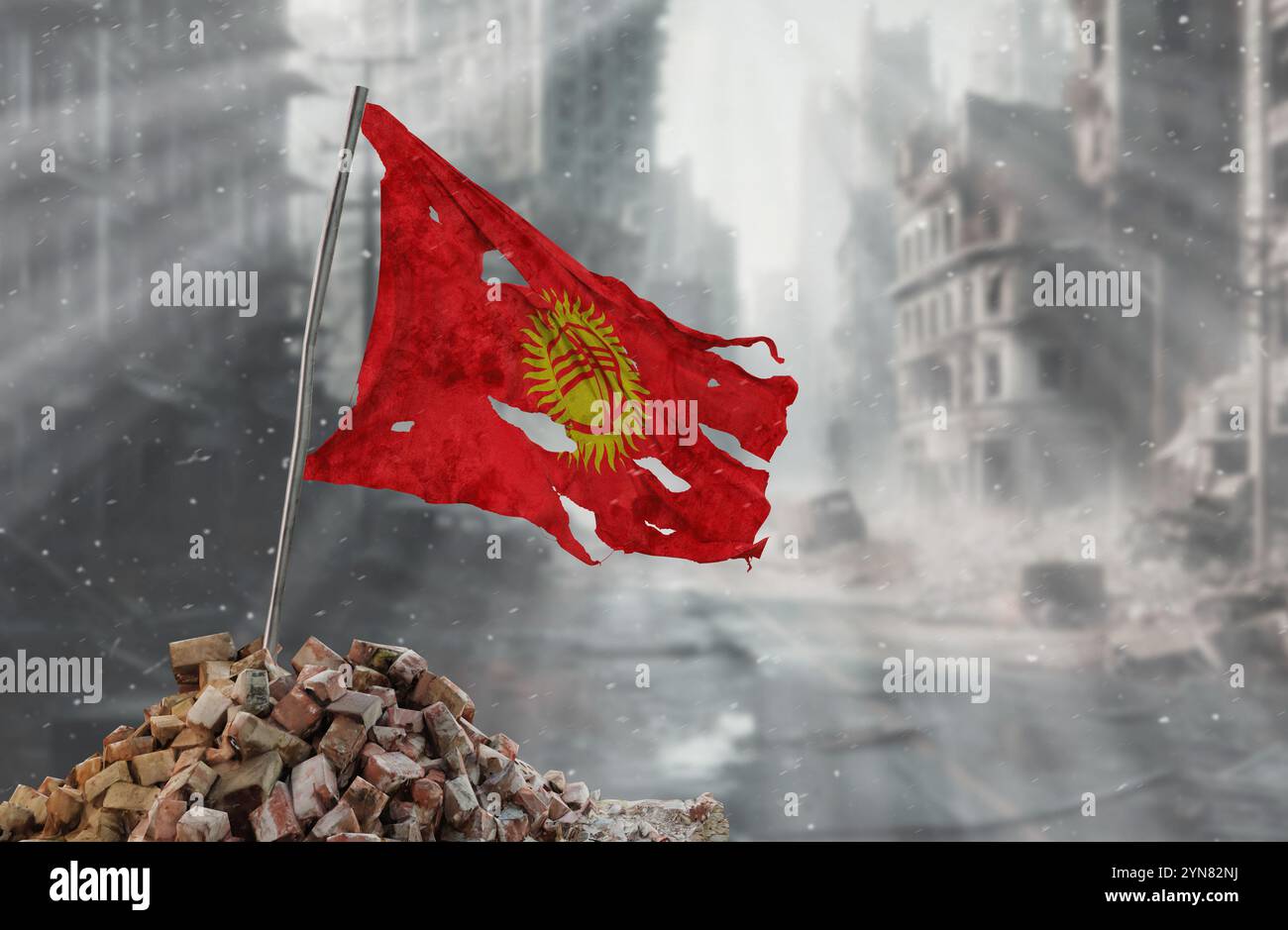 Dirty and torn Kyrgyzstan flag, symbol of resistance and victory. A ...