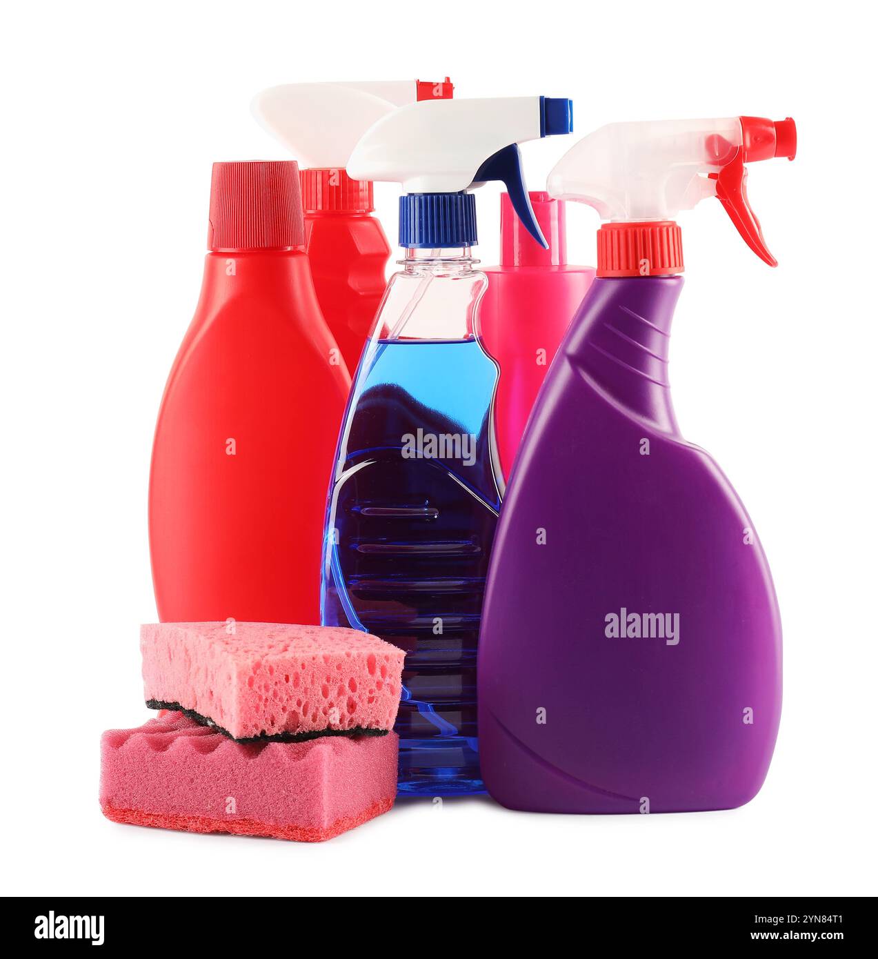 Set of different cleaning products isolated on white Stock Photo - Alamy