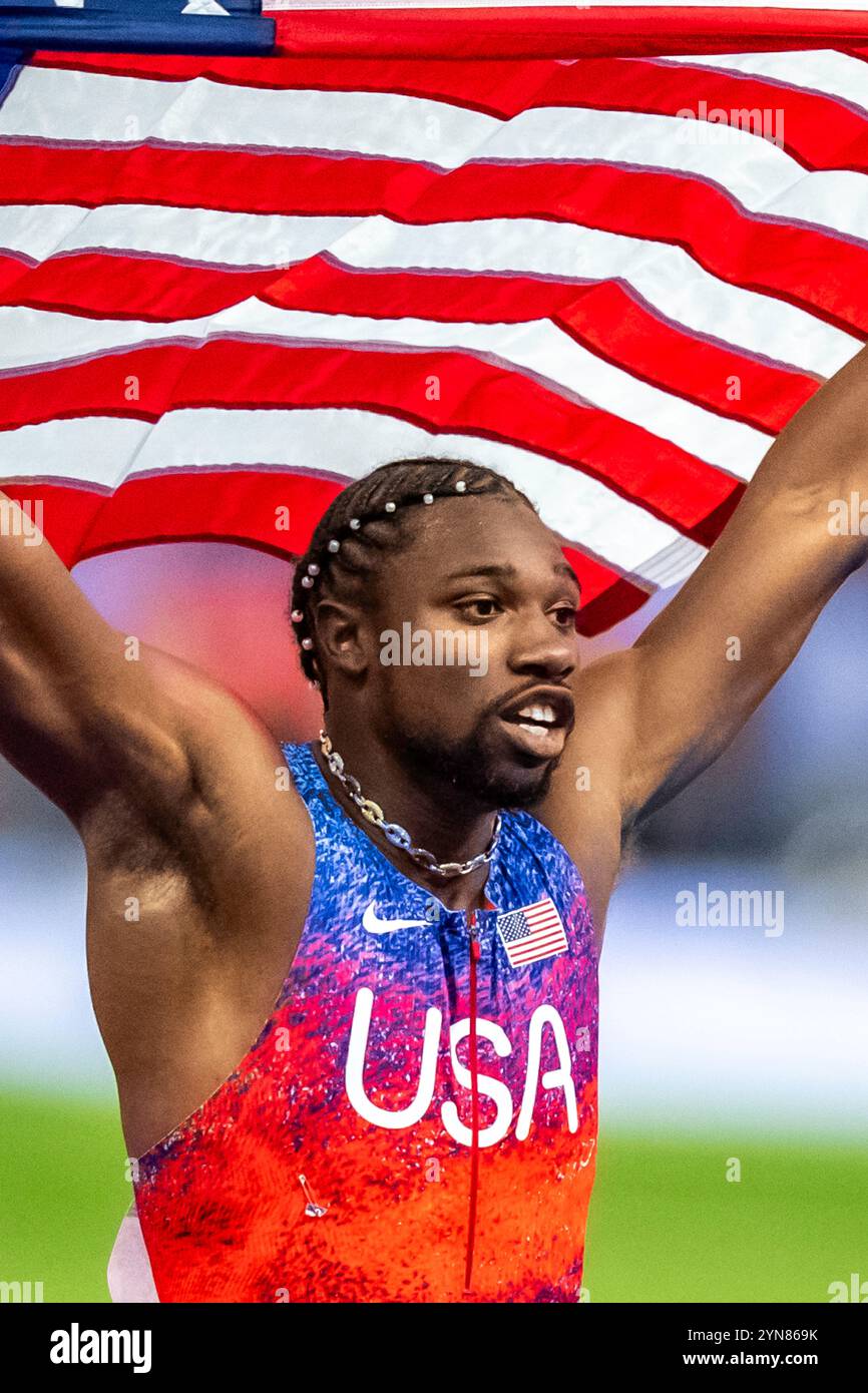 Noah Lyles (USA) celebrates winning the gold medal in the men's 100m ...