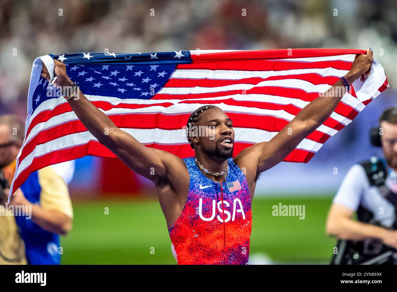 Noah Lyles (USA) celebrates winning the gold medal in the men's 100m ...