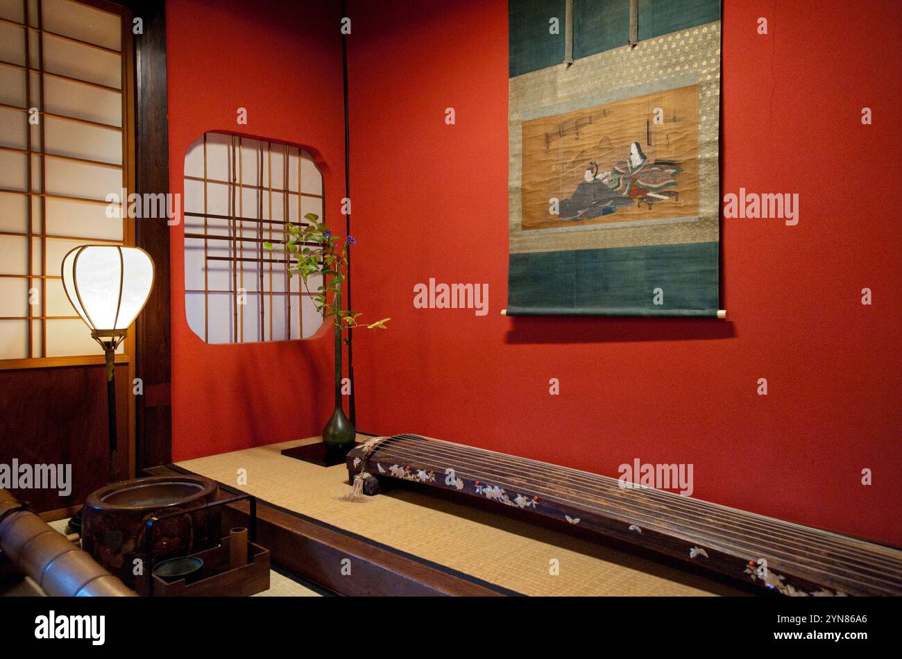 Interior view of the Ochaya Shima historical geisha house in the Higashi Chaya-gai district of ...